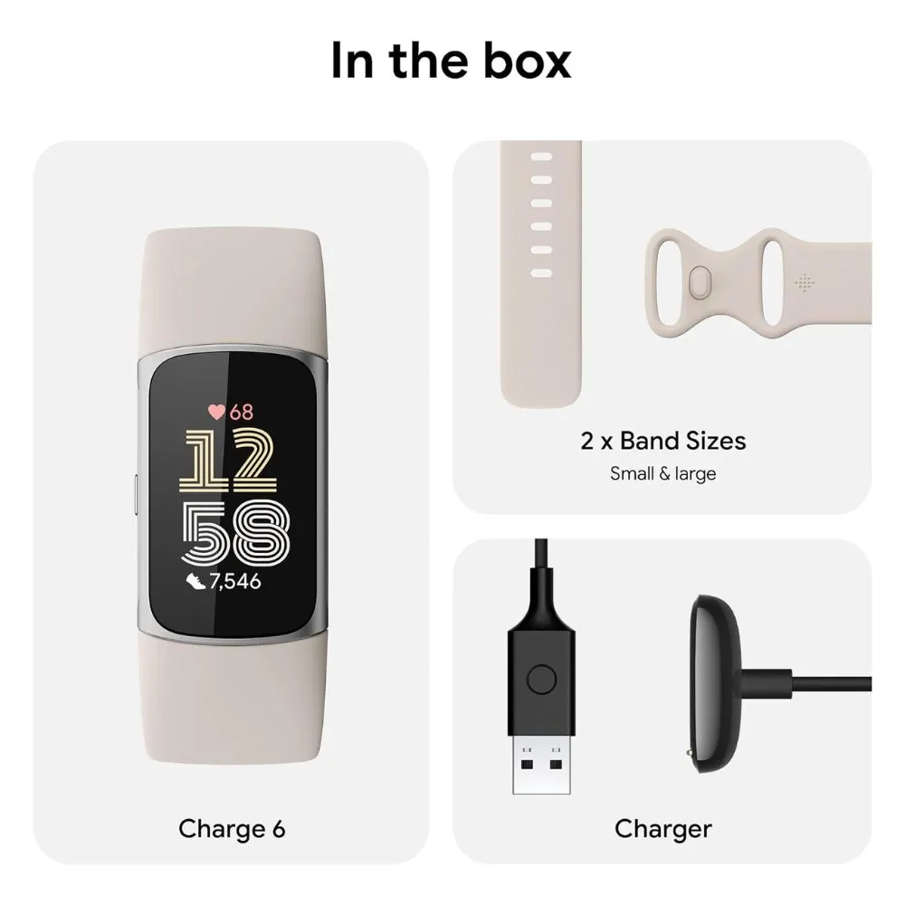 Fitbit Charge 6 - Premium Fitness Tracker Silver Case / White Band ...